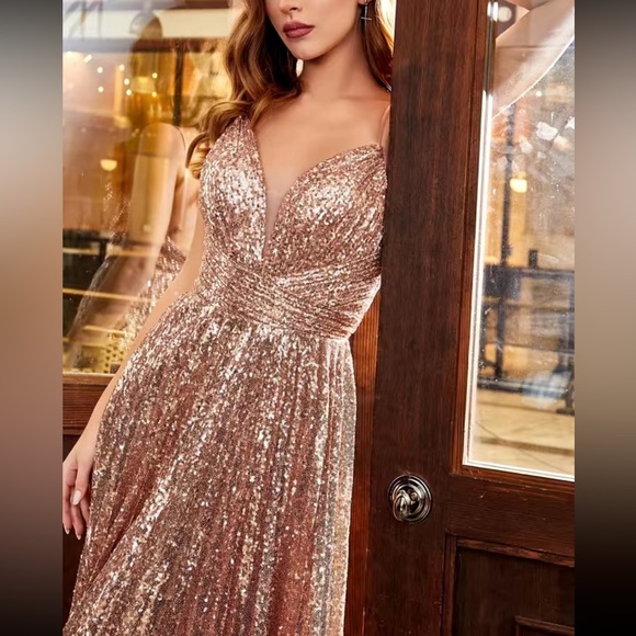 Dresses | Luxe Soft Rose Gold Sequins Cutout One Arm Party Formal ...